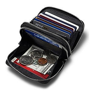 KALMORE Women's Leather RFID Secured Spacious Cute Card Wallet Small Purse, Black, Two Zippers