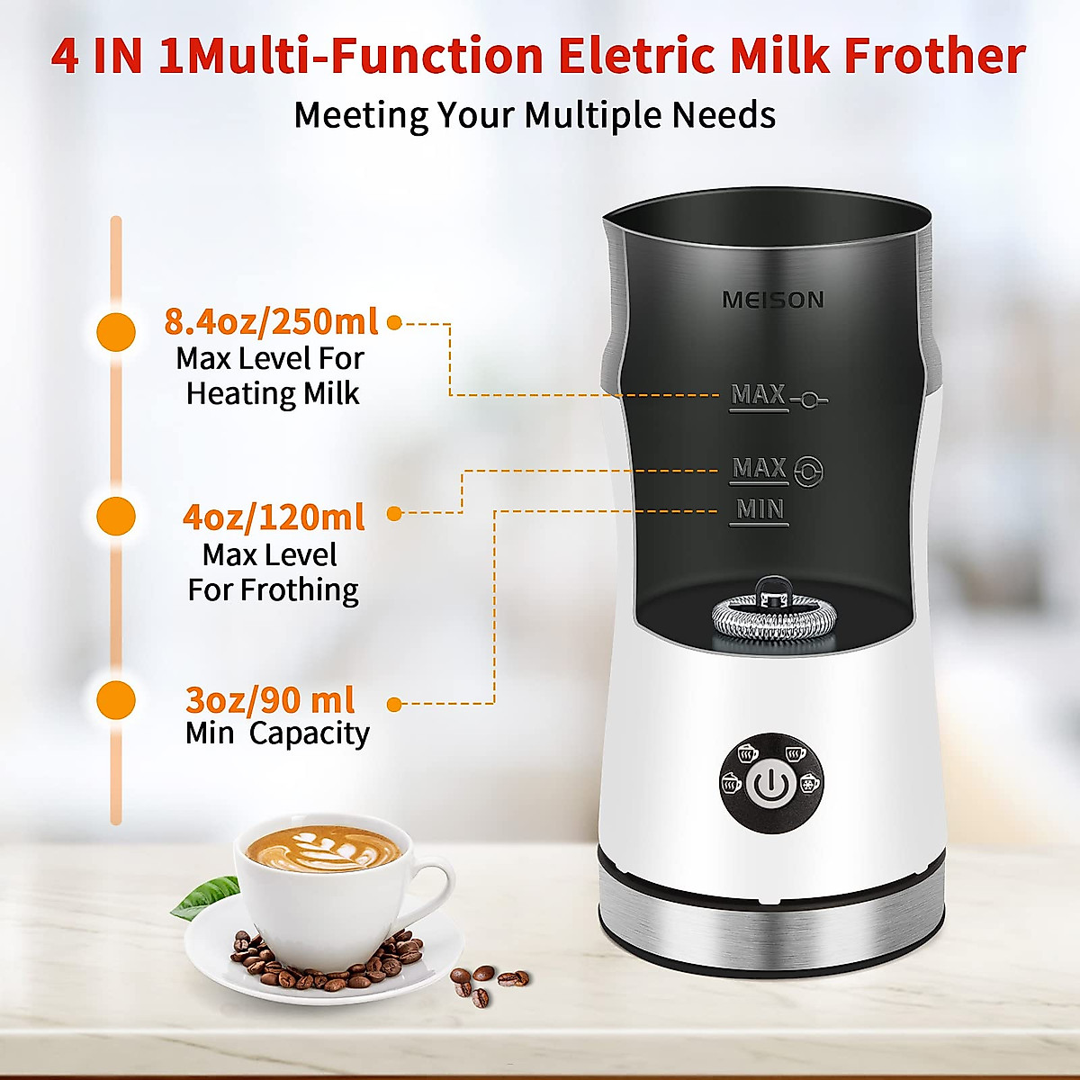 Electric Milk Frother, 4 IN 1 Electric Milk Steamer, Automatic Warm and Cold Milk Foam Maker, 8.4oz/250ml, Stainless Steel Milk Warmer for Latte, Cappuccinos, Macchiato, Hot Chocolate Milk