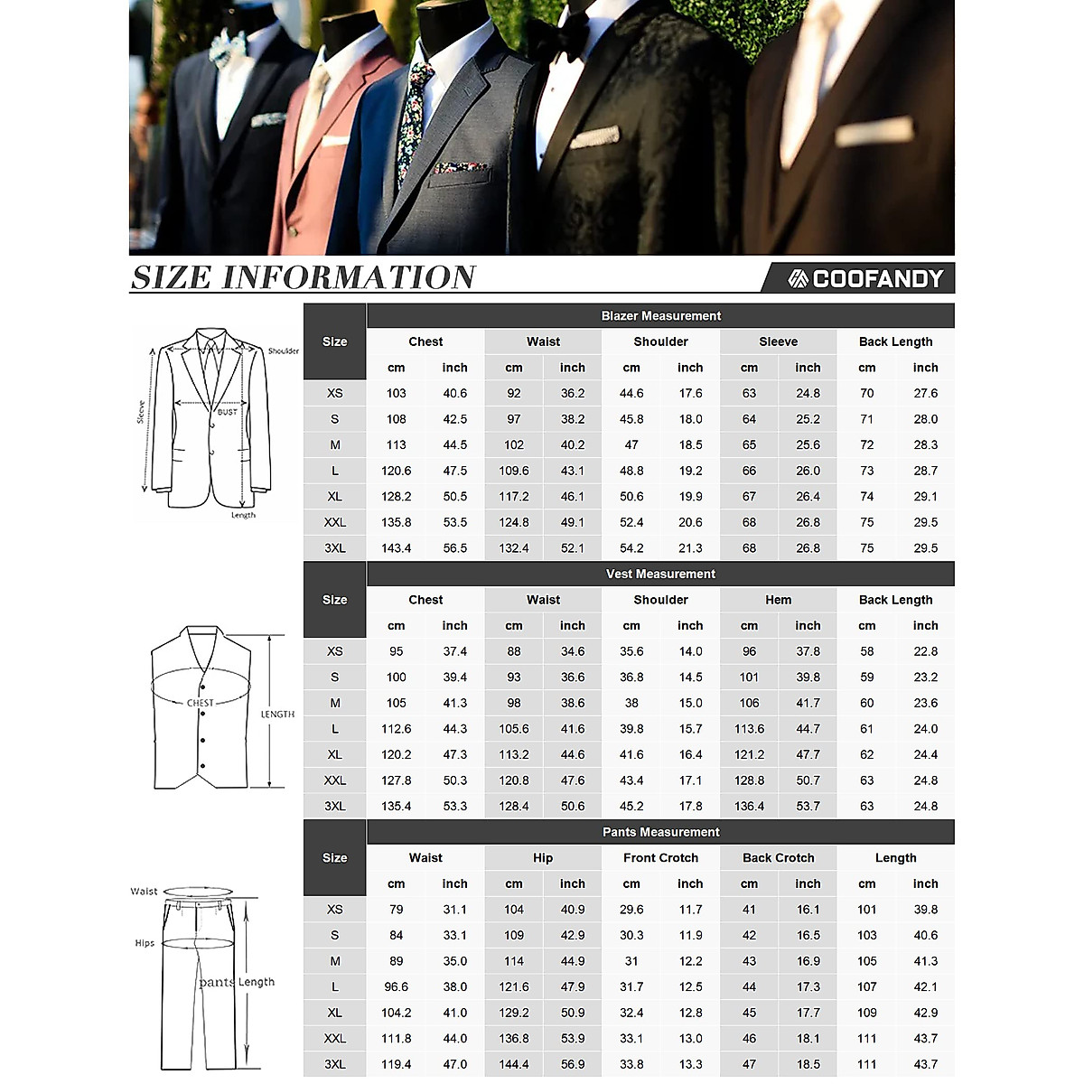 COOFANDY Mens Slim Fit Dress Suit Formal Business Blazer Wedding Prom Blazer Jacket Vest Pants (Dark Grey XS)