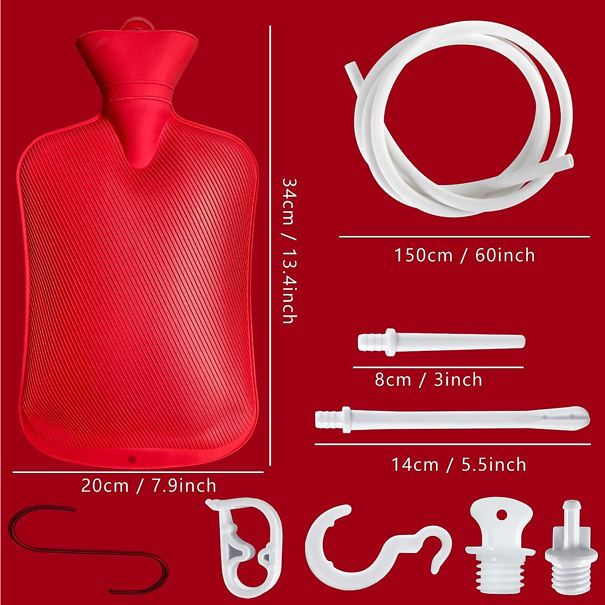 2 L Enema Bag ，Coffee Enema Bag Kit with 5.0 ft. Long Silicone Hose ,2 Multi-Size Reusable Tips, Controlable Water Flow Valve- Coffee, Shower, Douche & Home Adult Enema Kit（RED）