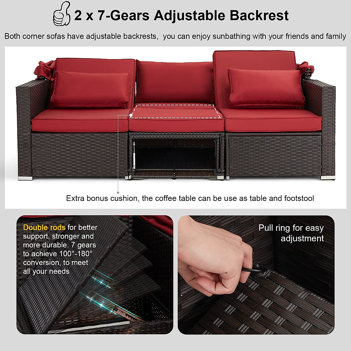 HOMREST 6 Pieces Patio Furniture Sets, Rattan Daybed with Retractable Canopy, Outdoor Sectional Sofa Set with Adjustable Backrest, Chaise Chair Sunbed for Garden Poolside Backyard (Wine Red)