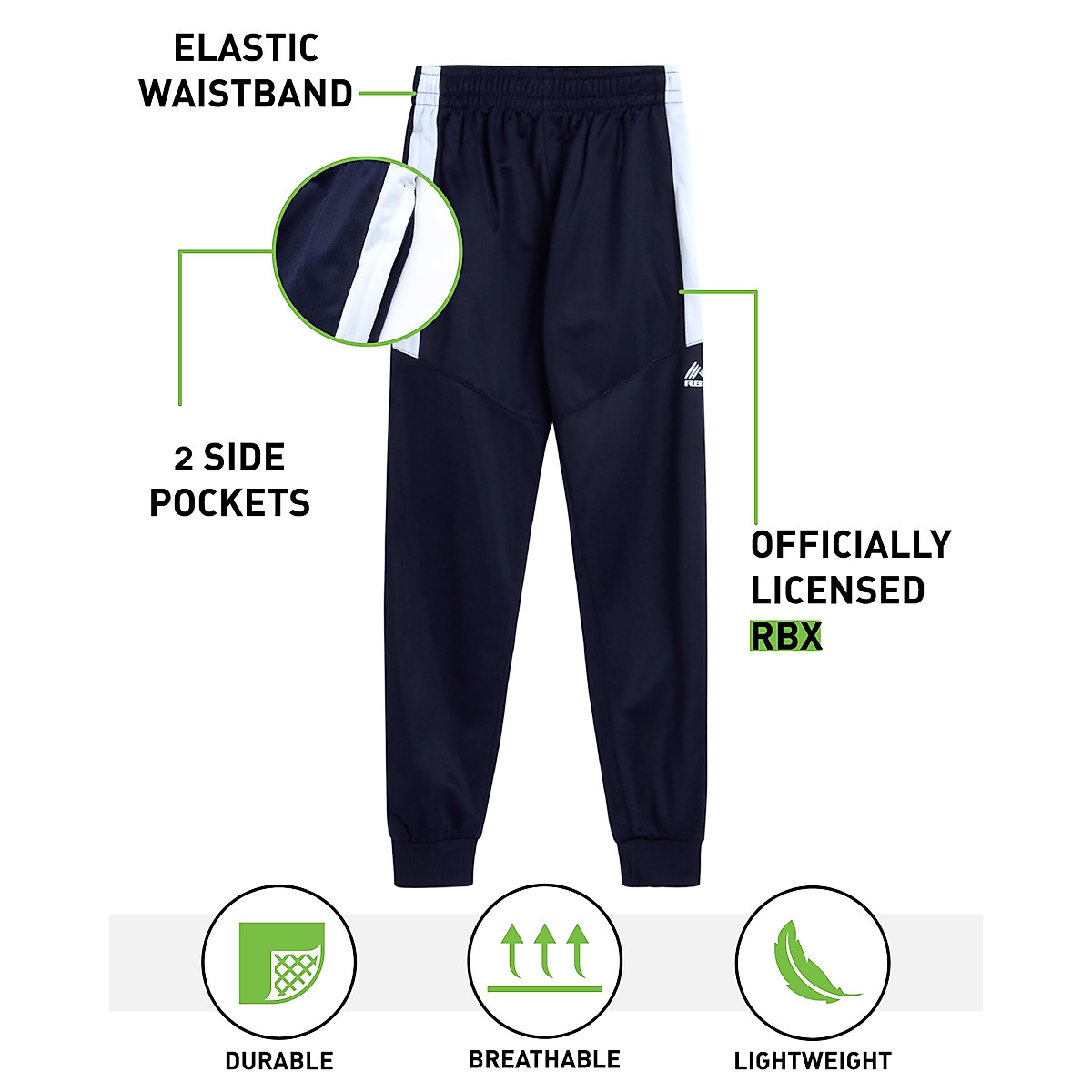 RBX Boys Sweatpants - 2 Pack Stretch Performance Tricot Activewear Boys Joggers Athletic Pants with Side Pockets (Size: 4-20), Size 14-16, Navy White