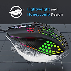 Uiosmuph X801 Wired Gaming Mouse, Honeycomb Lightweight Gaming Mouse with RGB Backlit, 7 Programmable Buttons and One-Click Desktop, 8000 DPI Optical USB Gamer Mouse for Mac, Laptop, Computer - Black