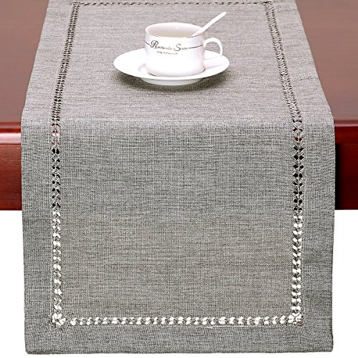 Grelucgo Handmade Hemstitch Gray Dining Table Runner Or Dresser Scarf, Rectangular 14 by 36 Inch