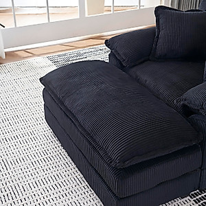 RUNNA 56.3 Inch Corduroy Single Sofa with 2 toss Pillows and a Ottoman,Comfy Sofa- Deep Seat Couch for Living Room (Black~049)