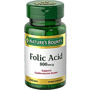 Nature's Bounty Folic Acid Supplement, Supports Cardiovascular Health, 800mcg, Tablet 250 Count(Pack of 3)