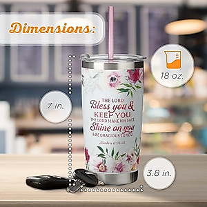 Christian Art Gifts Stainless Steel Double-Wall Vacuum Insulated Tumbler w/Straw & Lid 18 oz Pink Floral Inspirational Bible Verse Travel Mug for Women- Bless You and Keep You -Numbers 6:24-25