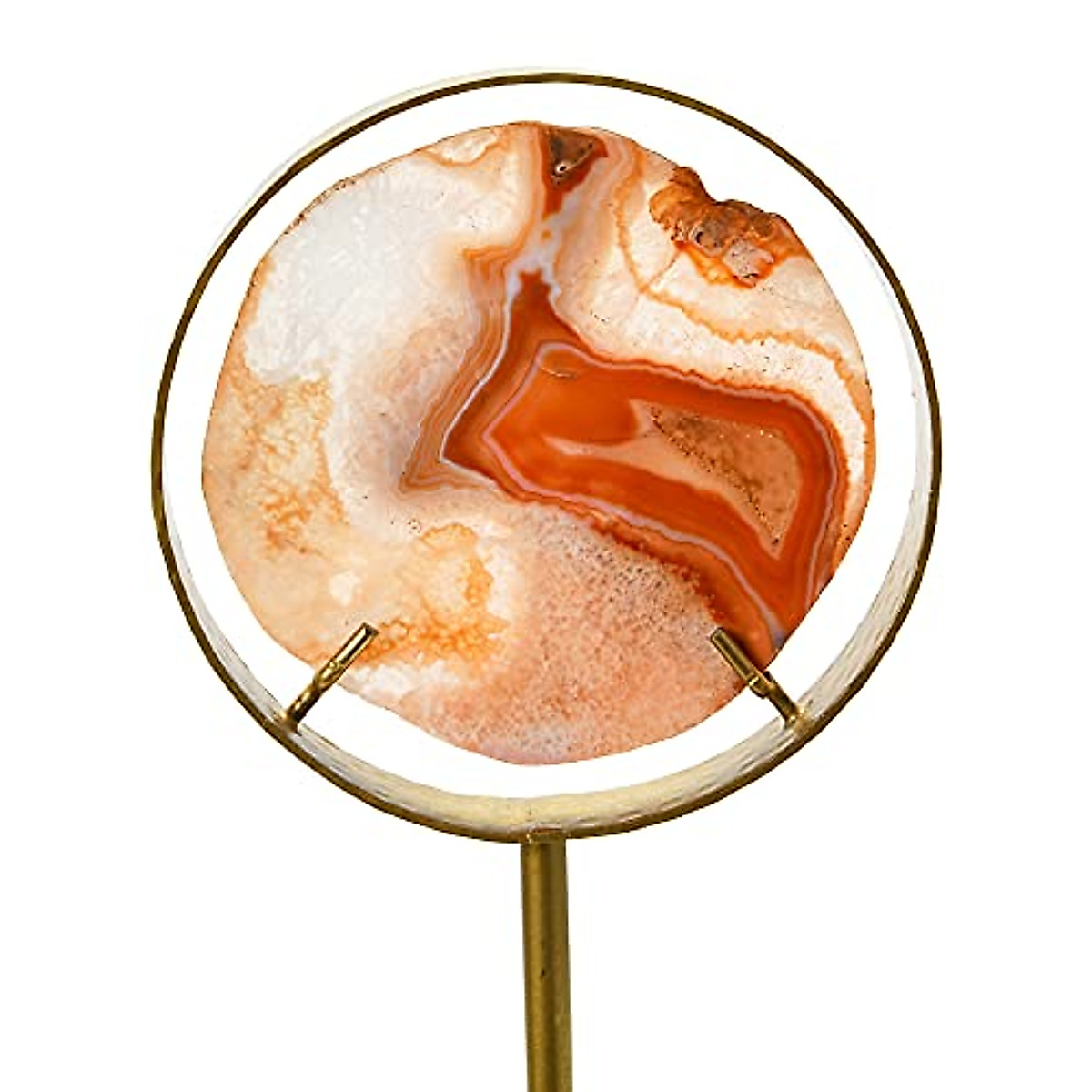Main + Mesa Decorative Agate Slice Accent on Metal and Marble Stand, Marbled Orange