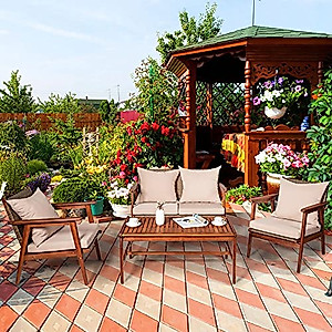 LIRUXUN 8PCS Patio Rattan Furniture Set Acacia Wood Frame Cushioned Sofa Chair Garden Coffee Table