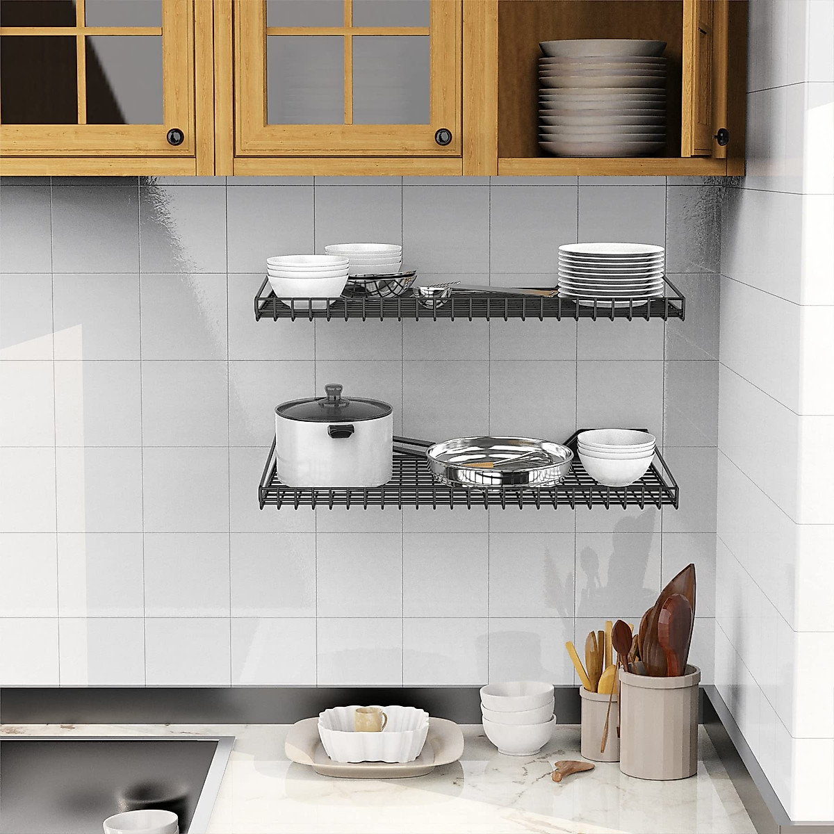 WALMANN Garage Wall Shelf, 4 Wall Mounted Storage Shelves for Garage, Closet, Laundry Room, Heavy Duty Wall Shelving, Holds Up to 65 Lbs(Black, 4 Shelves)