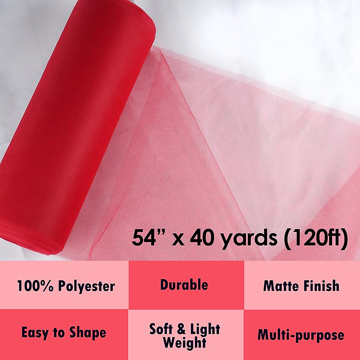 Craft And Party, Red Fabric Tulle Roll 54 Inch by 40 Yards (120 ft) Fabric Tulle Bolt for DIY Tutu Skirt, Wedding and Decoration (Red)