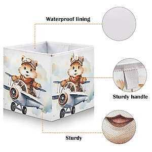 Foldable Storage Cube Cartoon Bear Flying A Plane Organizer Basket for Home Shelf