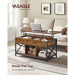 VASAGLE Lift Top Coffee Table for Living Room, Industrial Coffee Table with Hidden Compartments and Storage Shelf, Steel Frame, Rustic Brown and Black
