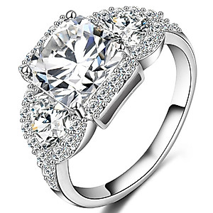 FENDINA Womens 18K White Gold Plated 3 Stone CZ Crystal Eternity Promise Ring Engagement Wedding Bands, Size 6