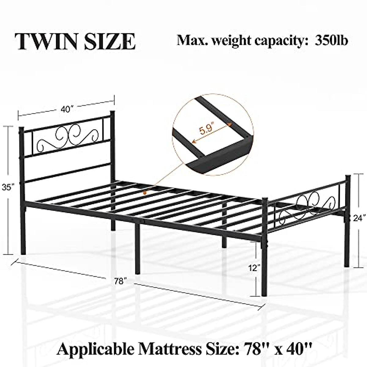 VECELO Twin Bed Frame with Headboard and Footboard, Strong Metal Slat Support & 12'' Underbed Storage Space, No Box Spring Needed, Black