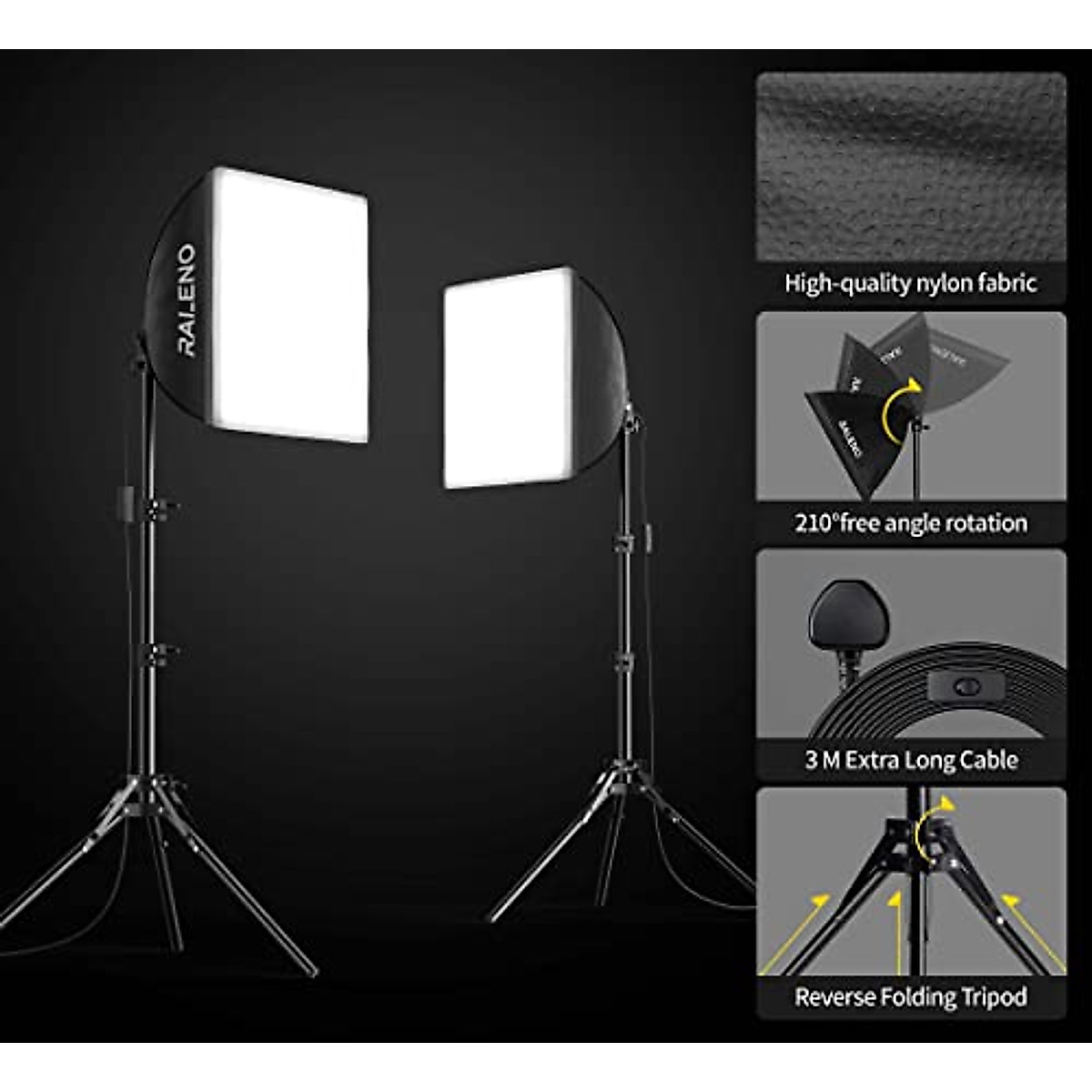 RALENO® Softbox Lighting Kit, 2 x 16'' x 16'' Photography Studio Equipments with 50W / 5500K / 90 CRI LED Bulbs, Continuous Lighting System for Video Recording and Photography Shooting