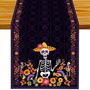 Linen Purple Day of The Dead Table Runner Dia De Los Muertos Tablecloth Mexican Halloween Sugar Skull Home Kitchen Dining Table Decorations 13x72 Inch