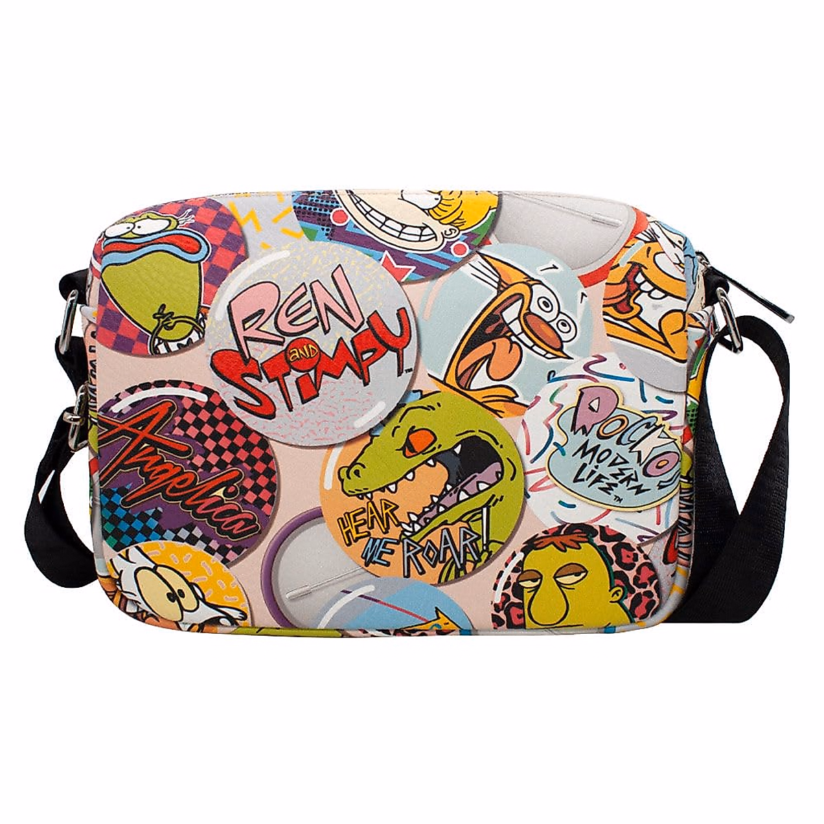 Buckle Down Nickelodeon Bag, Cross Body, Rectangle, 90s Character and Logo Buttons Stacked, Pink, Vegan Leather, Nick 90's Rewind