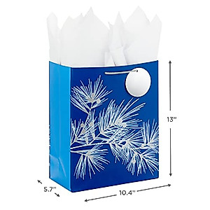 Hallmark 13" Large Holiday Gift Bag with Tissue Paper and Gift Tag (Dark Blue with Silver Pine Tree Branch) for Christmas, Hanukkah, Winter Solstice, Weddings