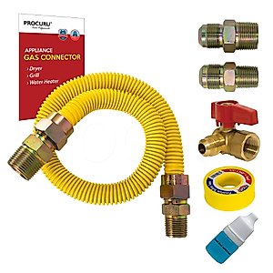 PROCURU 1/2" OD x 12" Gas Flex Connector Kit with 1/2" Angle Valve, WeatherProof Flexible Stainless Steel Tubing with SafeGuard Coating for Dryer, Water Heater