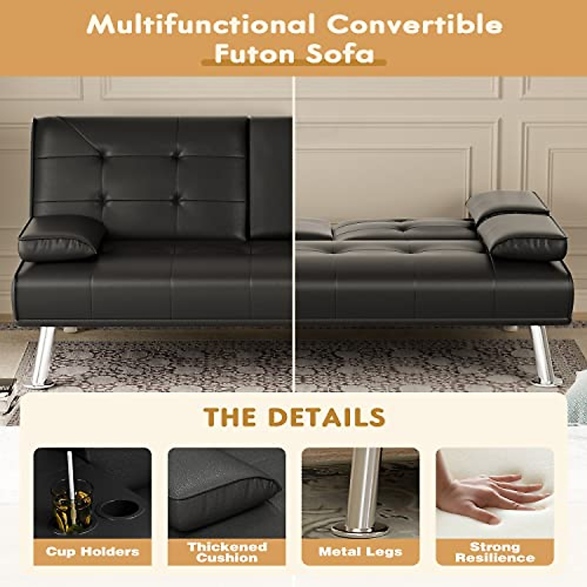 YESHOMY Convertible Folding Futon Sofa Bed Sleeper Couch for Living Room Faux Leather Upholstered Loveseat w/Removable Armrests, Metal Legs, 2 Cup Holders, Dark Black
