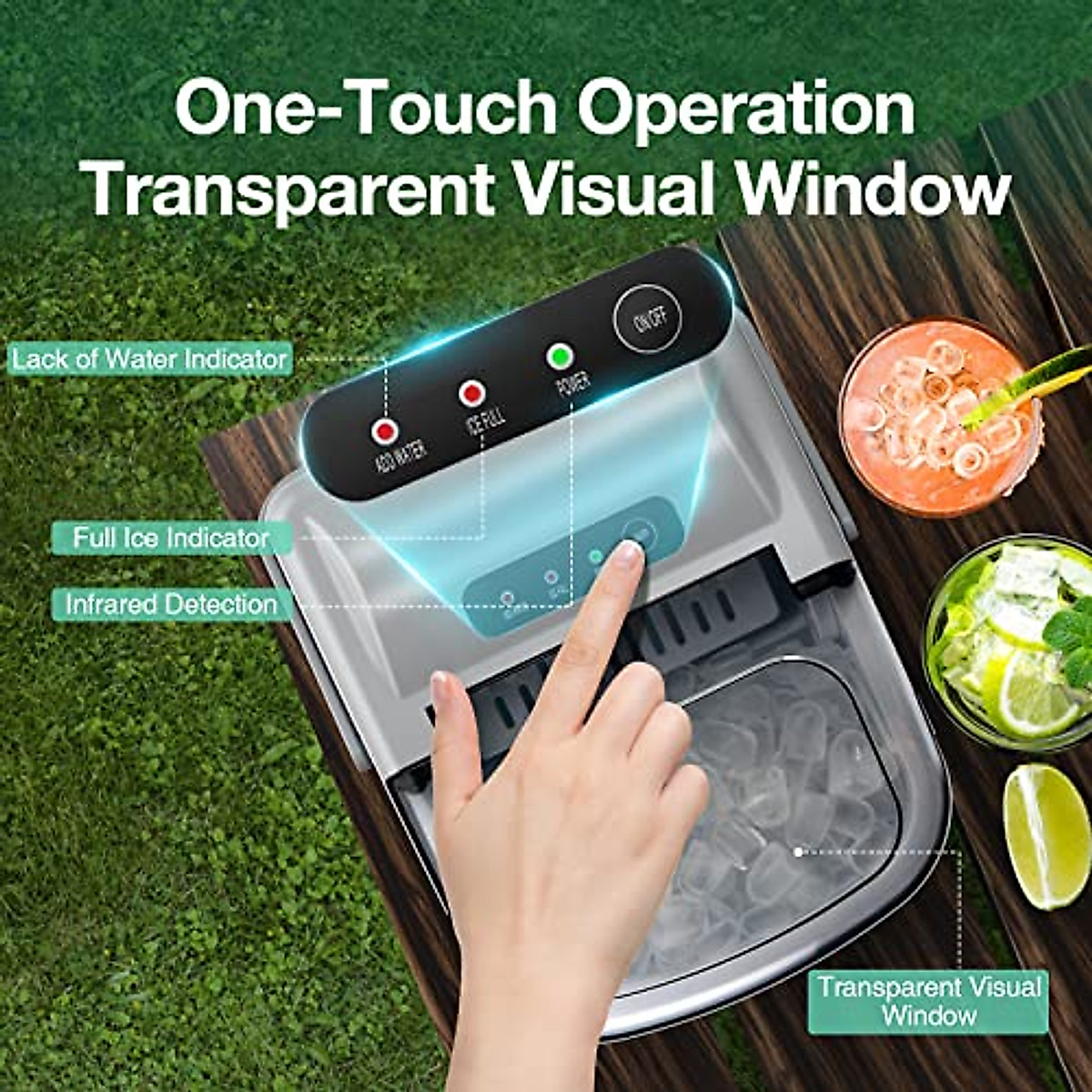 Ice Maker Countertop, Fast Ice Making in 6 Mins 9 Bullet-Shaped Ice, 26.5lbs/24Hrs, Portable Ice Maker Machine with Self-Cleaning, Scoop, Bags and Basket, for Home/Kitchen/Office/Bar/Party