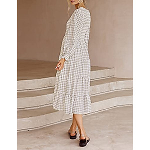 ZESICA Women's Casual Plaid Crew Neck Long Puff Sleeve Elastic Waist Smocked Flowy Tiered Midi Dress,Beige,Medium