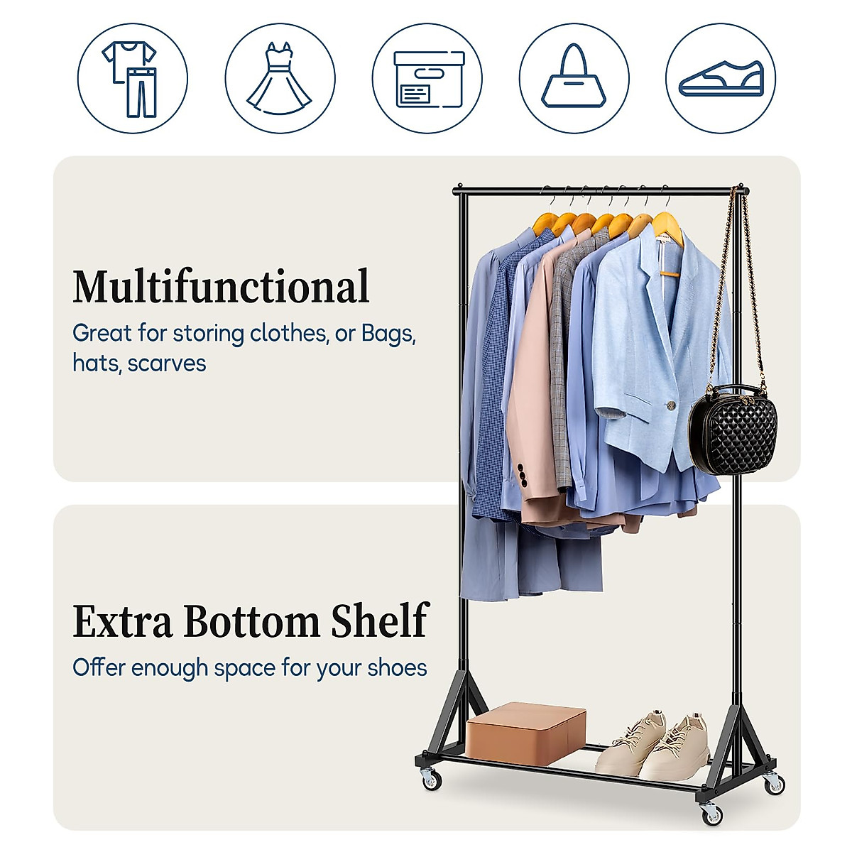 SLEEPING LAMB Heavy Duty Clothes Rack, Rolling Clothing Racks for Hanging Clothes Metal Garment Rack With Wheels, Clothes Hanger Rack for Coats, Shirts, Sweaters Wardrobe Rack (Black)