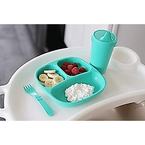 Re-Play Made in USA Toddler Dinnerware Set - No-Spill Sippy Cup, 7" Divided Plate, Rounded Tip Fork and Deep Scoop Spoon - Dishwasher/Microwave Safe Plastic Dinnerware Set - Pink