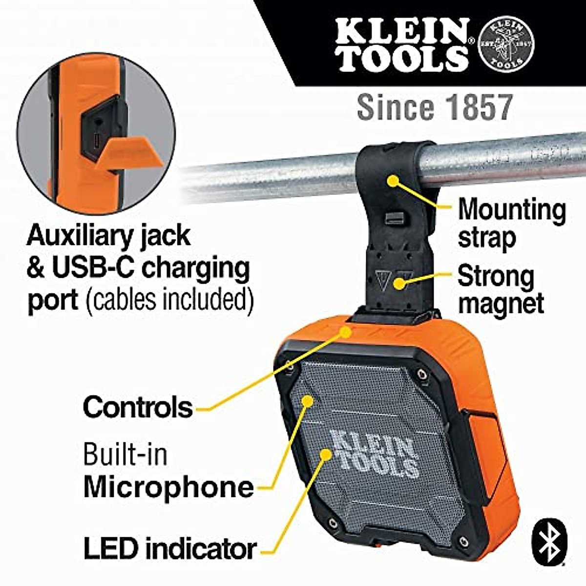 Klein Tools AEPJS2 Bluetooth Speaker With Magnetic Strip and Hook, Rechargeable, Wireless and Aux Capable, Hands Free Capable, Smart Phone Charging, 10 Hr Run Time, IP54 Dust and Water Resistant