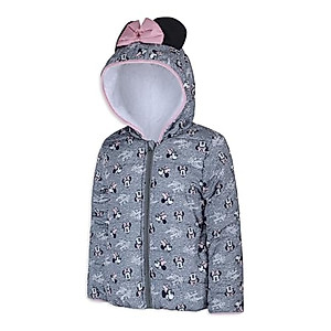 Disney Girl's Minnie Mouse Print Hooded Puffer Jacket with Ears and Pink Bow, Grey, Size 5
