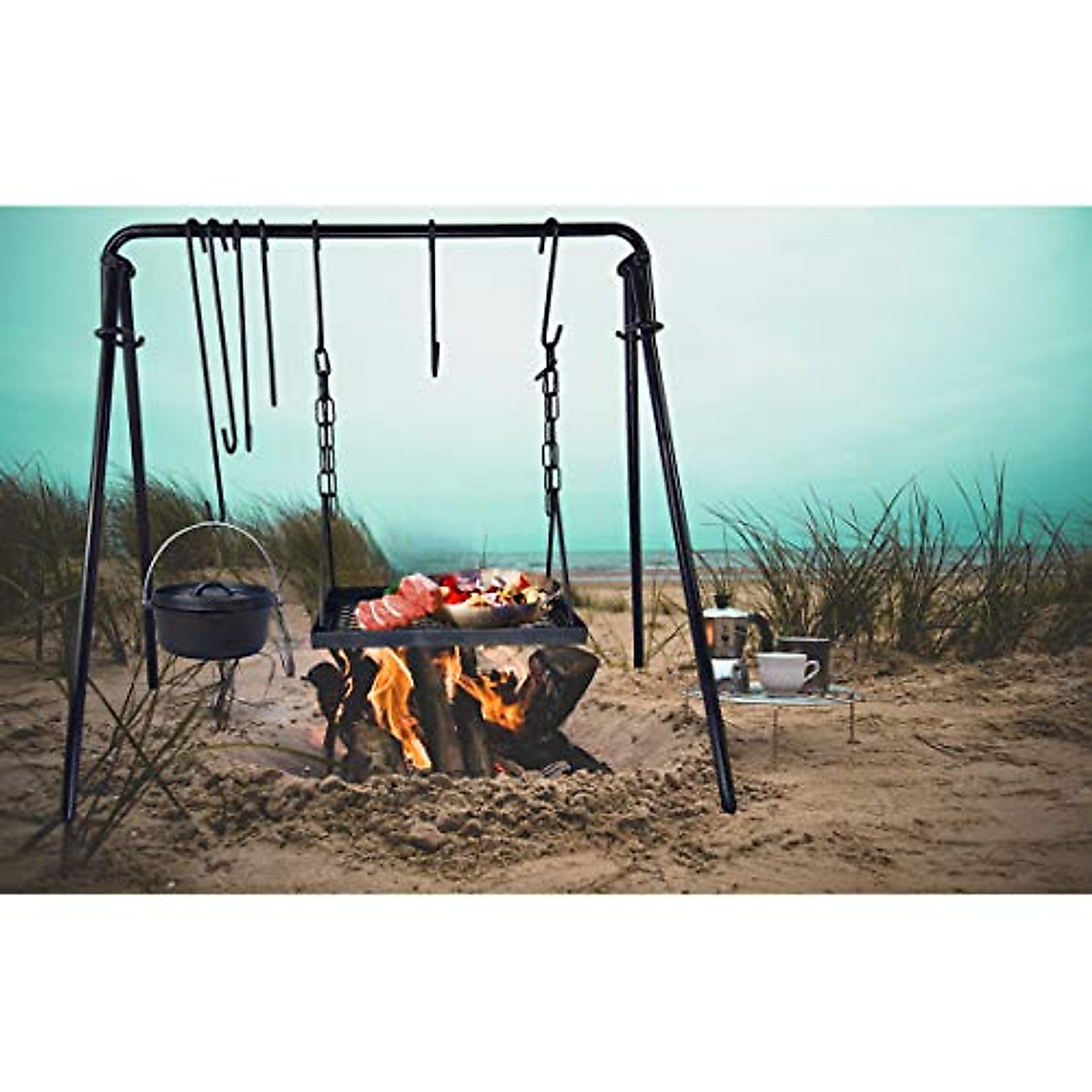 Marada Swing Grill Campfire Cooking Stand 38" Carbon Steel Open Fire Cooker Camping Stand Outdoor Picnic Tools with Hooks Portable & Foldable BBQ Grill for Fire Pit with Dutch Oven Lid Lifter