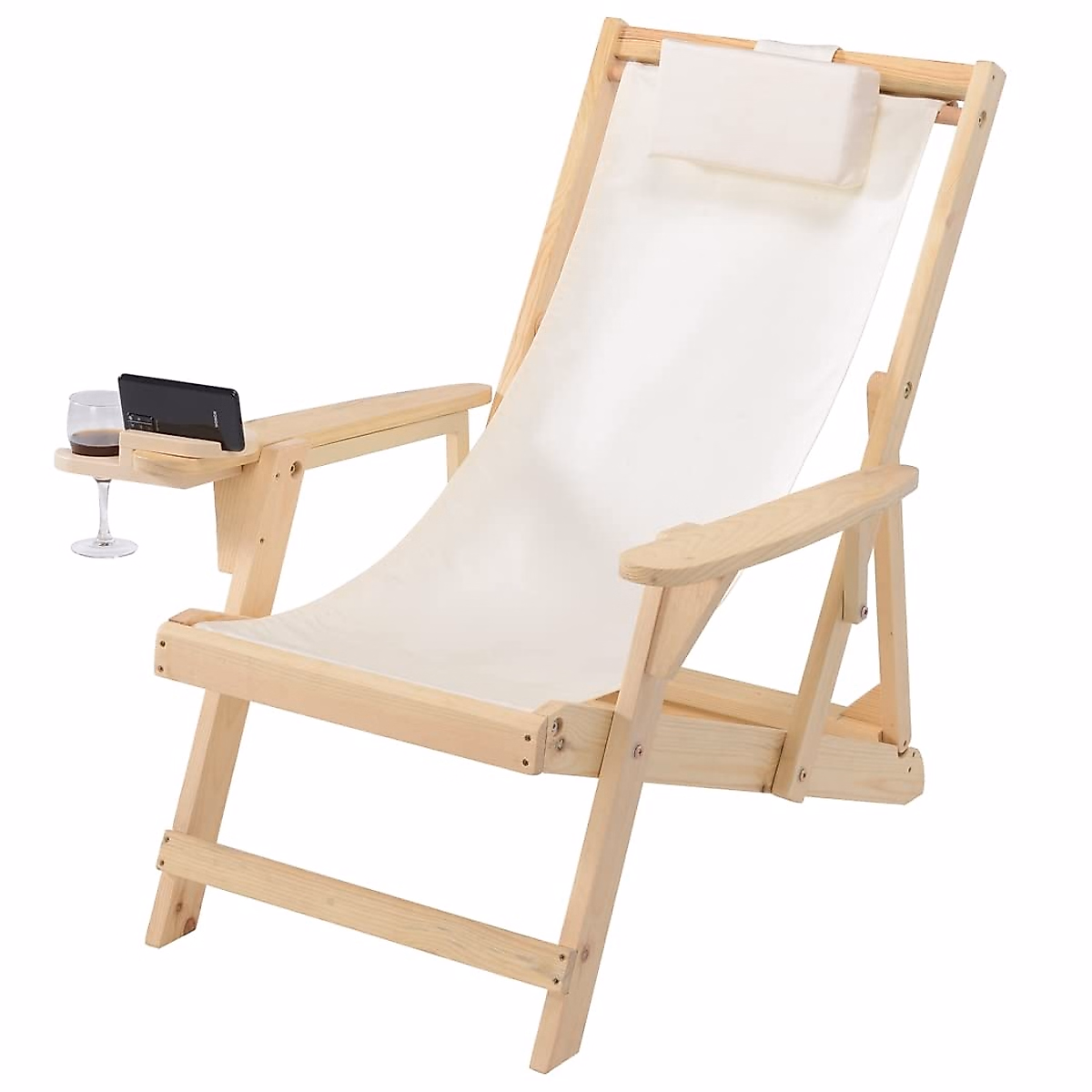 W Unlimited Romantic Wood and Canvas Sling Chair w/Cup & Wine Holder in Natural