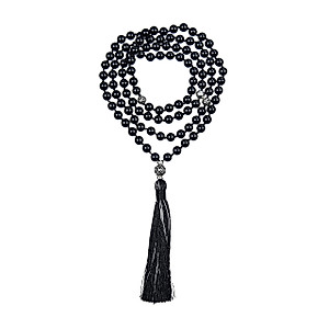 Cherry Tree Collection Mala Necklace | 108 Hand-Knotted 8mm Gemstone Round Beads, Antiqued Guru and Counter Beads, and Tassel | Meditation, Buddhist Prayer, Healing (Black Tourmaline)