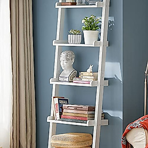 Haotian FRG17-W, White Modern 5 Tiers Ladder Shelf Bookcase, Storage Display Shelving Wall Shelf