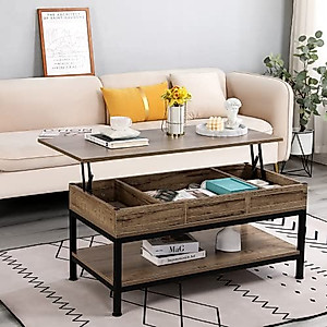 EROMMY Lift Top Coffee Table, 38'' Coffee Table with Open Shelf and Hidden Compartment, Rustic Wood Rising Tabletop Dining Table for Living Room, Pop-Up Center Table with Adjustable Feet, Rustic Gray