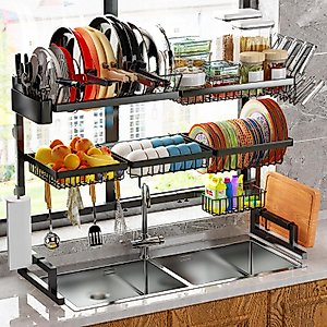 Over Sink Dish Drying Rack (Expandable Height/Length) Snap-On Design Large Dish Drainer Stainless Steel Storage Counter Organizer (31-39.5L x 12W x 34-38H (inches))