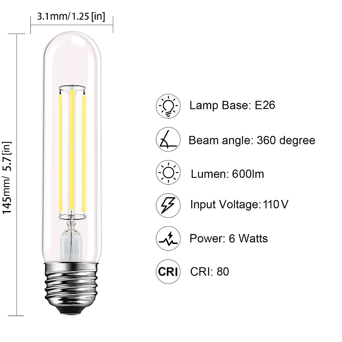 PIFUT T9 LED Bulb, E26 Dimmable LED Bulb, 110v 600Lumens 60W Equivalent, Clear Glass Tubular Light Bulb, Best Replacement for Incandescent Bulb, Candelabra LED Bulbs, 4 Pack (Daylight White)