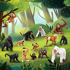 Toymany 14PCS Monkeys Gorillas Figurines Playset, Plastic Jungle Animals Monkey Toy Set Included Chimpanzee Mandrill Gibbons, Cake Toppers Christmas Birthday for Kids Todllers