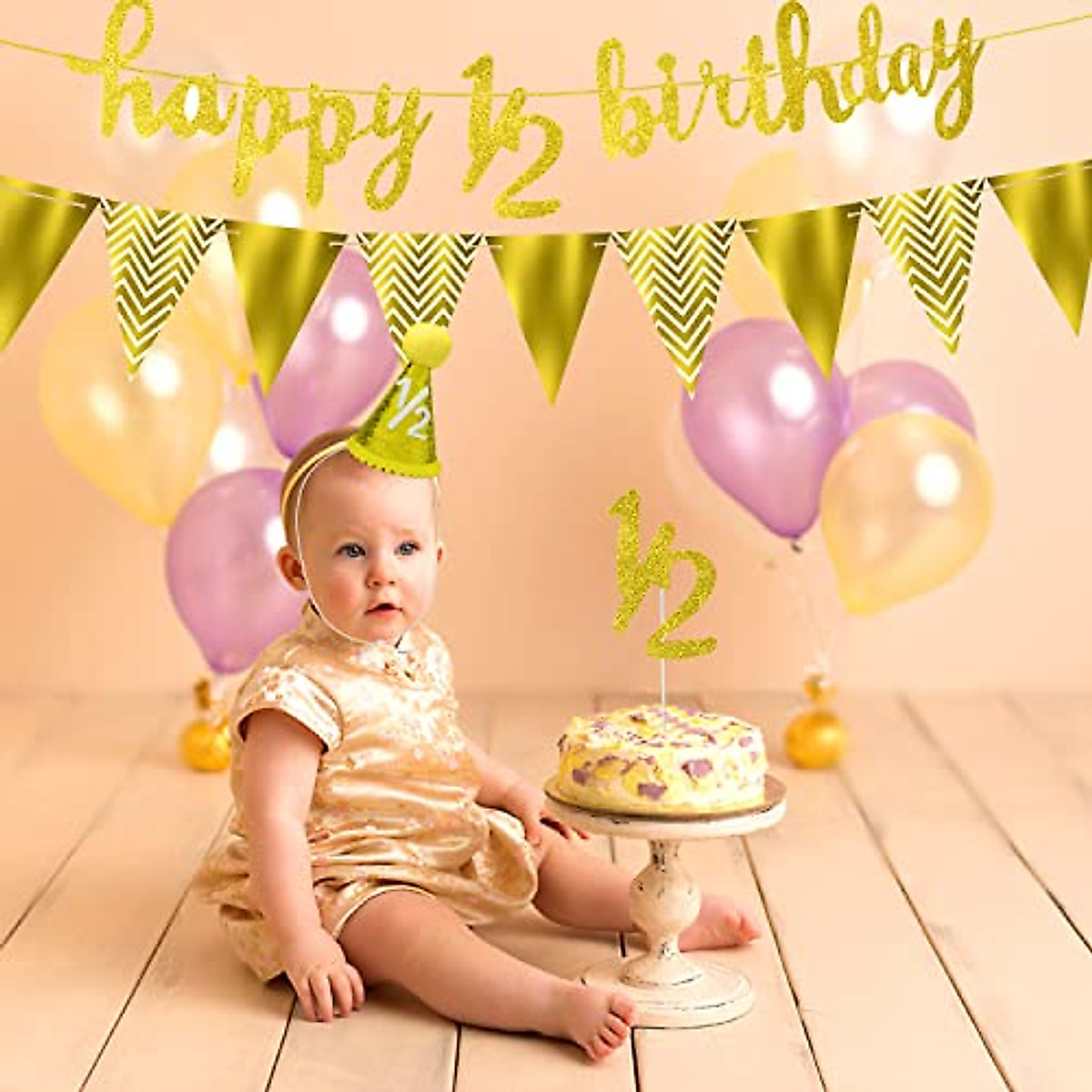 LHMTQVK Happy 1/2 Birthday Banner Pre-Strung 6 Months Banner, Half Birthday Banner 1/2 Birthday Crown Hat, 1/2 Half Year Cake Topper- for Baby's 6 Months Birthday Party Decoration Set… (Gold)