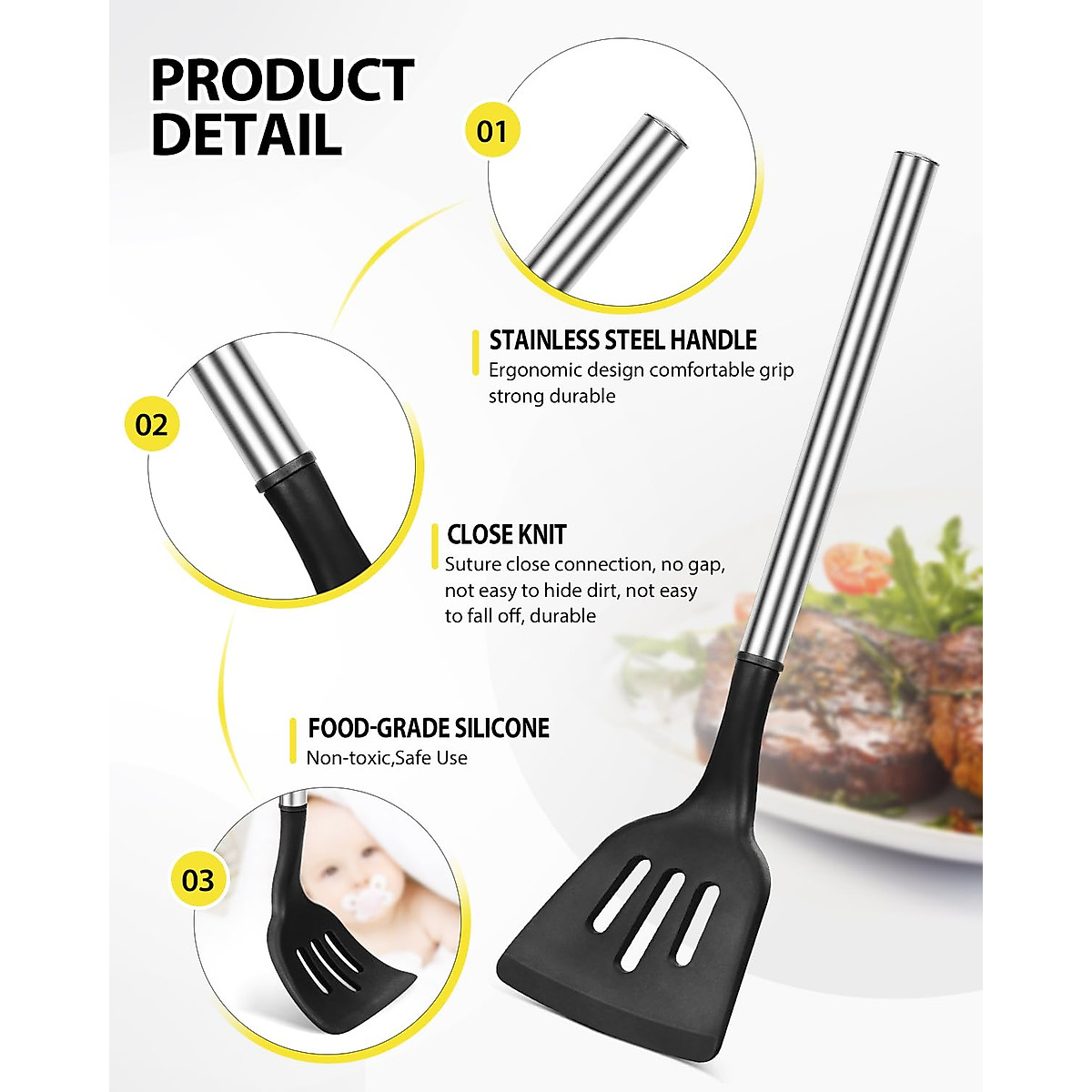 4 Pcs Silicone Kitchen Utensils Set, Wok Spatulas-Slotted Turner-Cooking Spoon-Slotted Spoon, Non-Stick BPA Free Heat-Resistant Basting Stainless Steel Handle Kitchenware for Cooking, Mixing, Serving