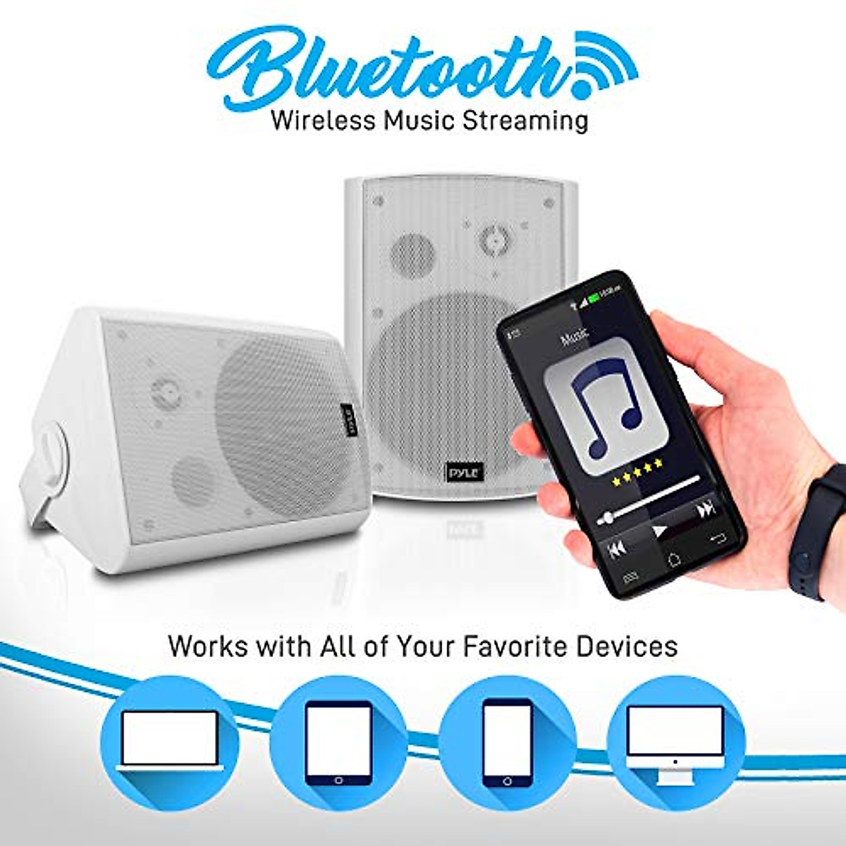 Pyle Outdoor Wall-Mount Patio Stereo Speaker-Waterproof Bluetooth Wireless&No Amplifier Needed-Portable Electric Theater Sound Surround System for Home Party Cabinet Enclosure- Pyle PDWR61BTWT White