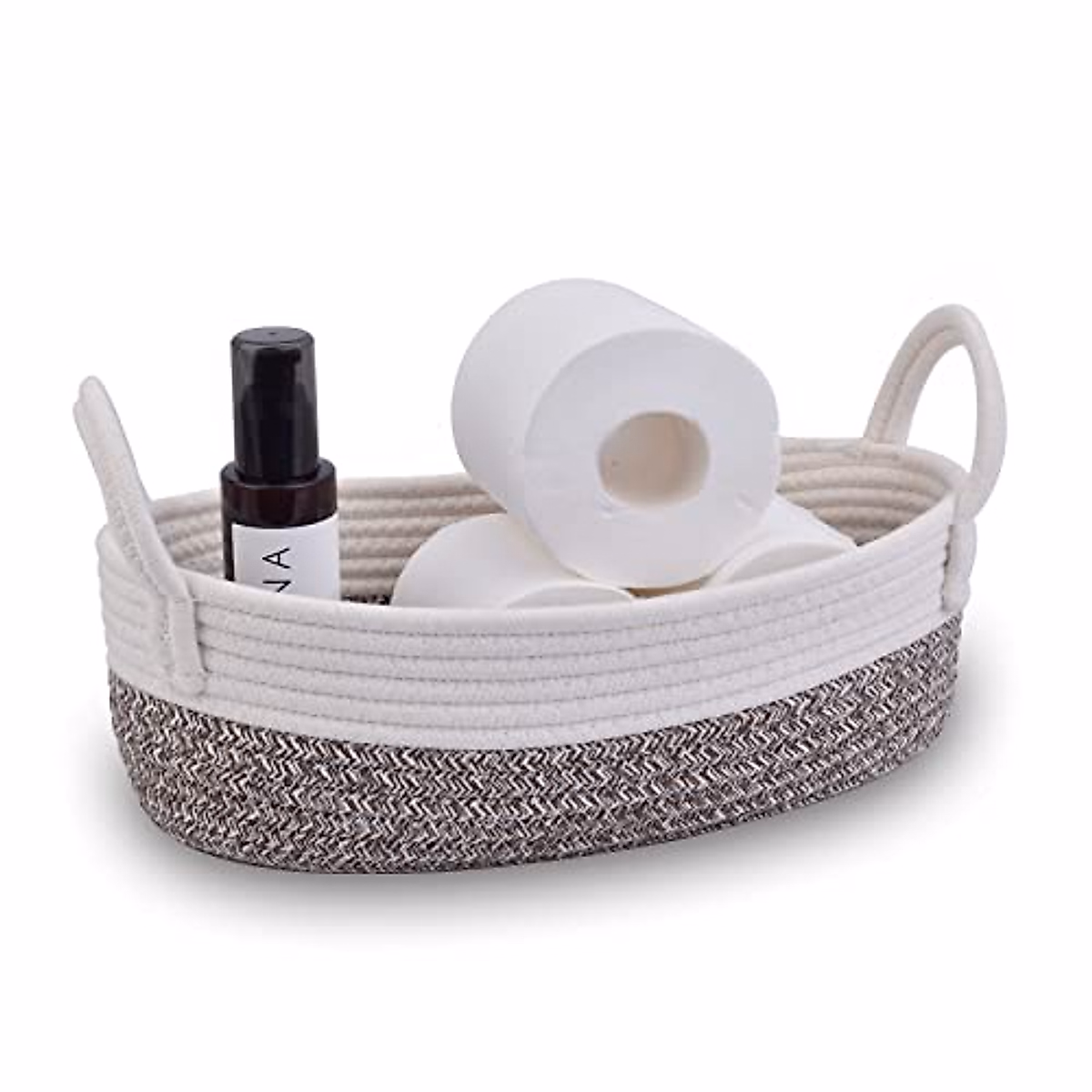 DIY Woven Storage Basket for Toilet Tank Top, Cotton Rope Organizing Basket for Bathroom Farmhouse Home Decor,Table, Paper and Counter 13.2"x6"x4.1" (White With Beige)