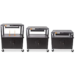Line Leader Extra Wide AV Cart with Locking Cabinet, Rolling Computer Desk, Height Adjustable Utility Cart with Pullout Keyboard Tray & UL-Listed Power Strip, Great for Projectors (42 x 32 x 20in)