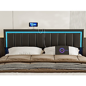 IKIFLY King Size LED Headboard with 2 USB Ports, Adjustable Height - Modern Faux Leather Headboard with Changing LED Lights - Easy Assembly, Upholstered King Headboard Only for Bedroom - Black