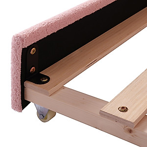 Jintop Teddy Fleece Full Size Upholstered Daybed with LED Light and Trundle,Modern Wood Platform Bed W/Side Stripes,Easy Assembly,for Bedroom,Living Room,Guestroom,Pink