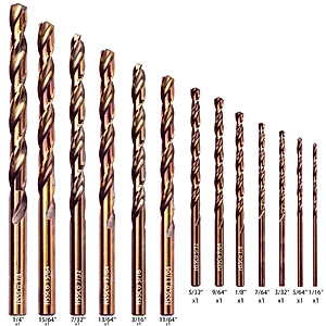 KENDO 13PCS Cobalt Drill Bit Set(1/16"-1/4"), M35 High Speed Steel, 135 Degree Tip, Twist Jobber Length Drill Bits Set for Hard Metal, Stainless Steel, Cast Iron and Wood with Metal Storage Case