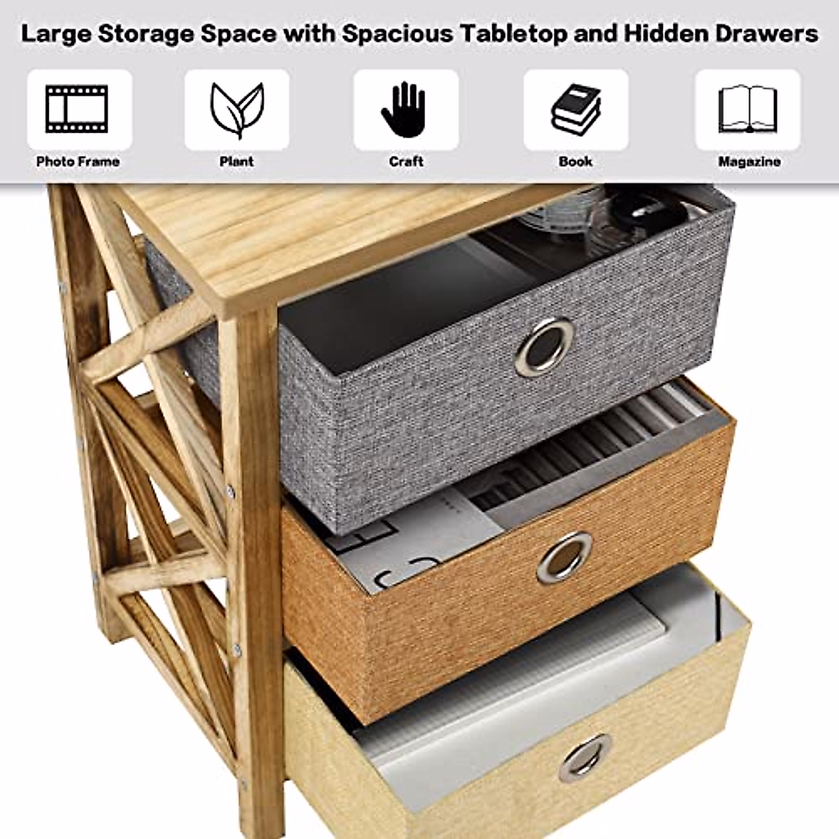 ECOMEX Nightstand with 3 Drawers, Bedroom Nightstand Small Dresser with Wood Top, Easy Pull Fabric Bins, Organizer Storage Unit for Home Office, Bedroom, Light Burnt