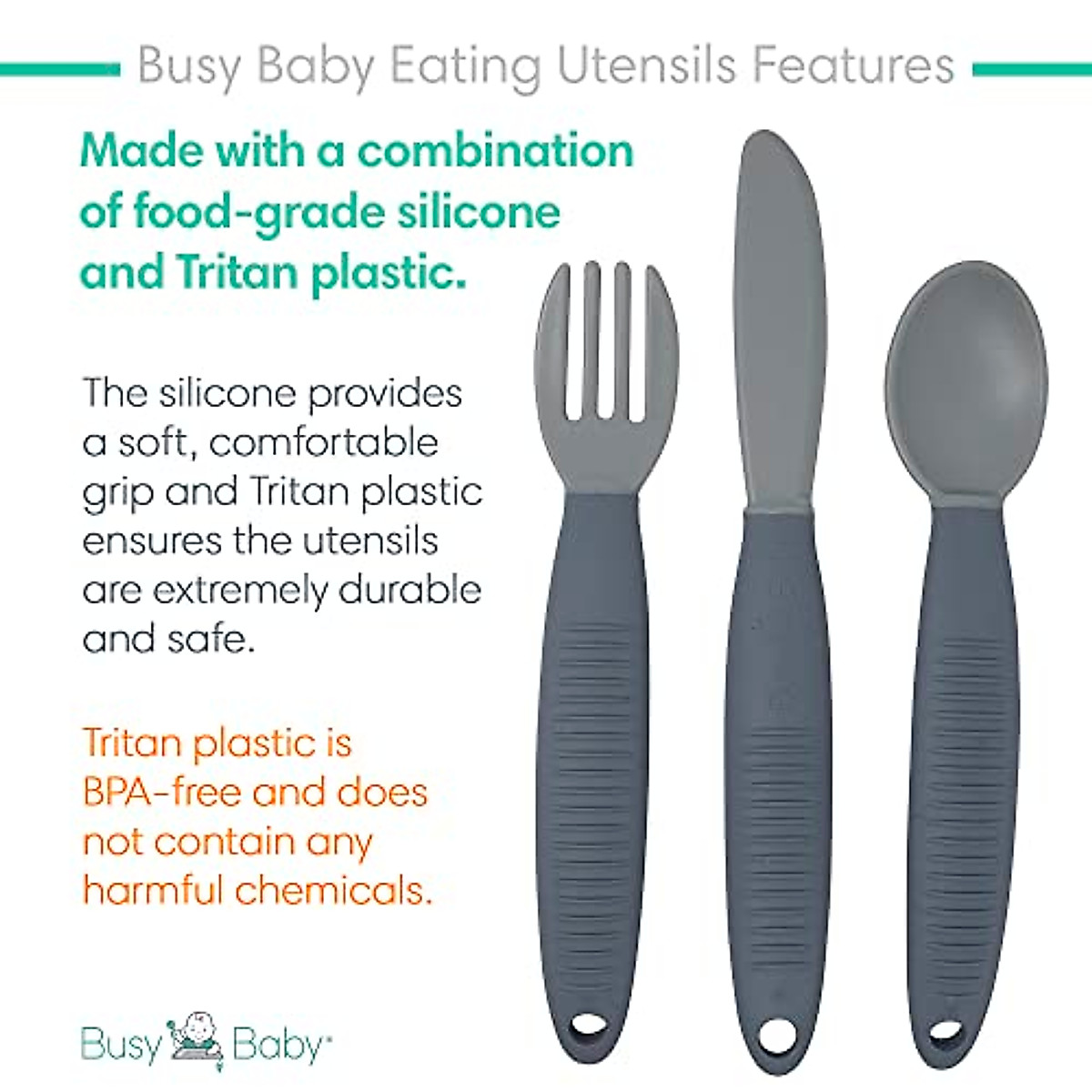 BUSY BABY Eating Utensils for Babies & Toddlers | Fork, Spoon, & Knife | Food-Grade Silicone & Tritan Plastic | Dishwasher Safe, BPA Free (Pewter)