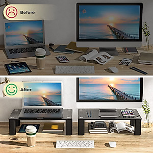 5Rcom Dual Computer Monitor Stand Riser, 2 Pack Height Adjustable Monitor Stand with Tempered Glass, Stackable Desktop Monitor Risers for 2 Monitors, PC, Under Monitor Desk Organizer, Black